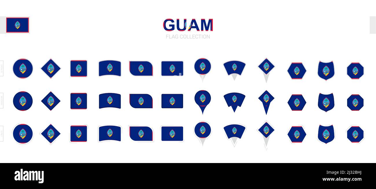 Large collection of Guam flags of various shapes and effects. Big set ...