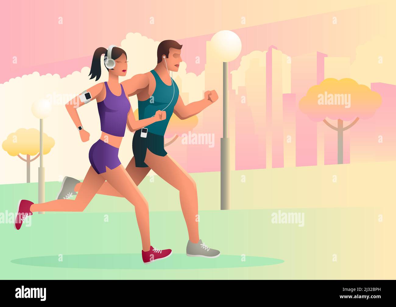 Couple jogging and running outdoors in the park, art deco vector ...
