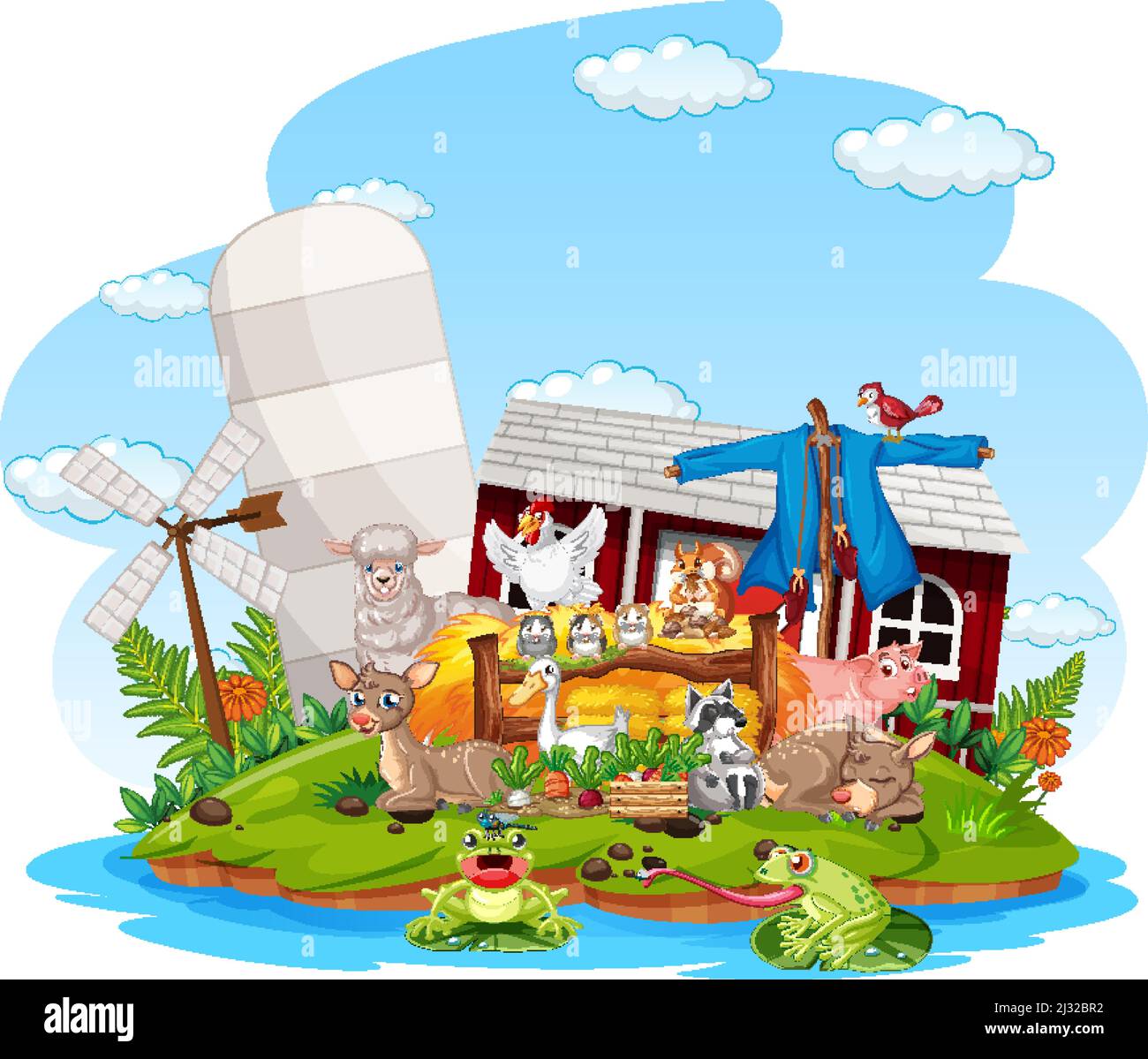 Farm scene with many animals by the barn illustration Stock Vector ...