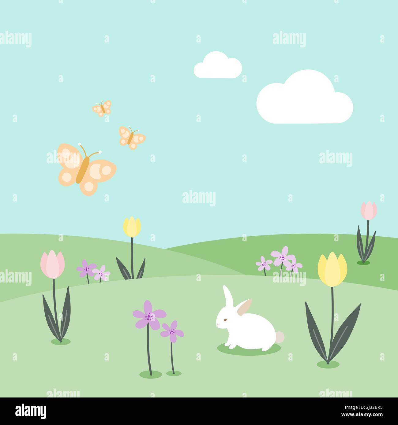 Spring landscape with flowers, rabbit and butterflies. Pastel colors ...