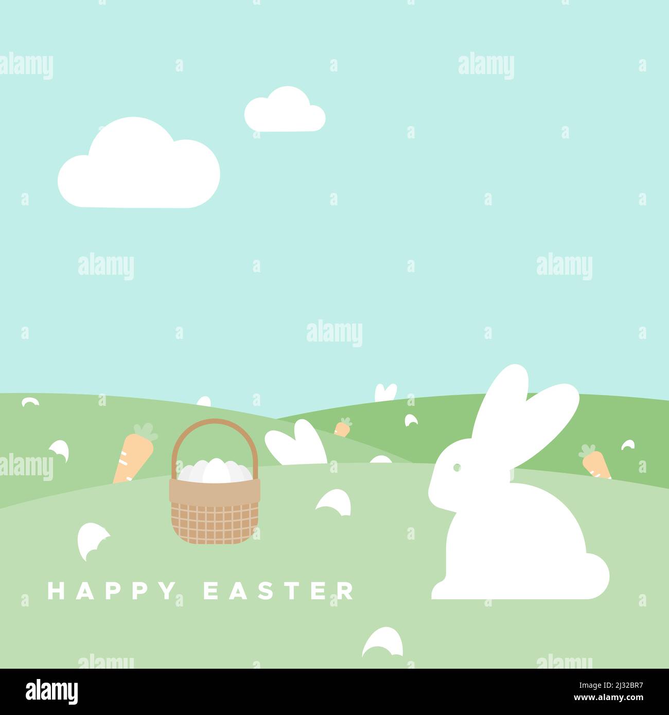 Happy Easter. Spring landscape with carrots, Easter eggs, bunny and ...