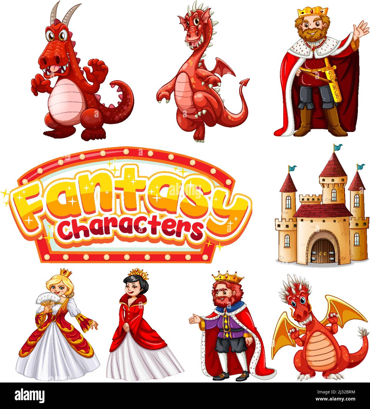 Set of dragon and fairy tale cartoon characters illustration Stock ...