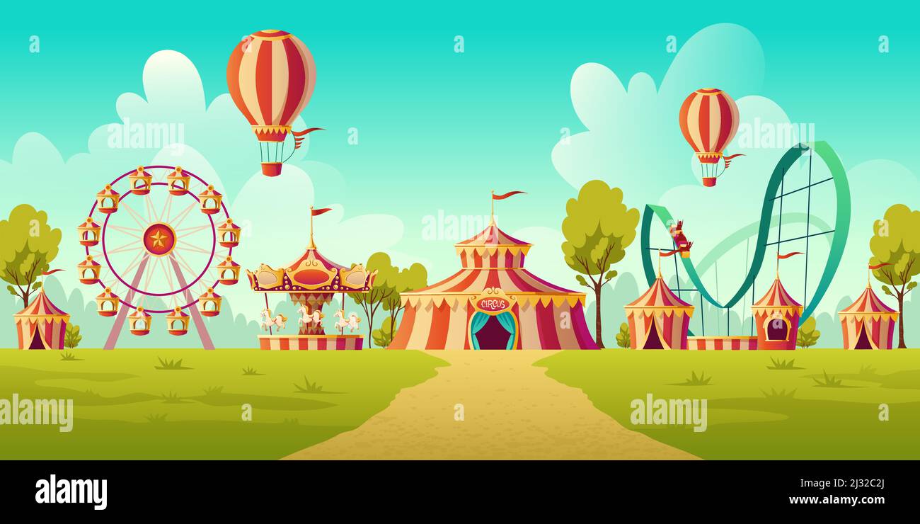 Carnival funfair, amusement park with circus tent, roller coaster ...