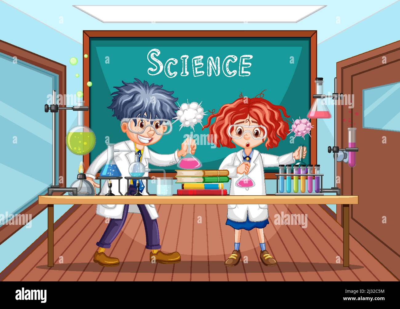Classroom scene with scientist doing experiment illustration Stock ...