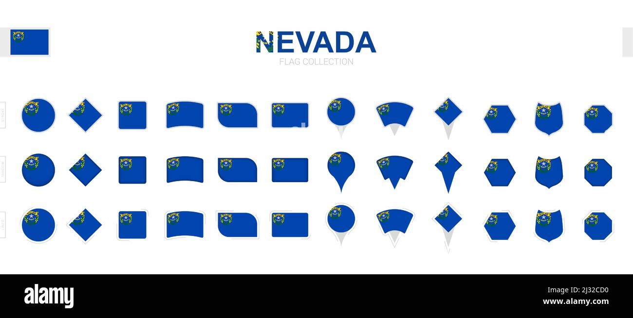 Large collection of Nevada flags of various shapes and effects. Big set ...