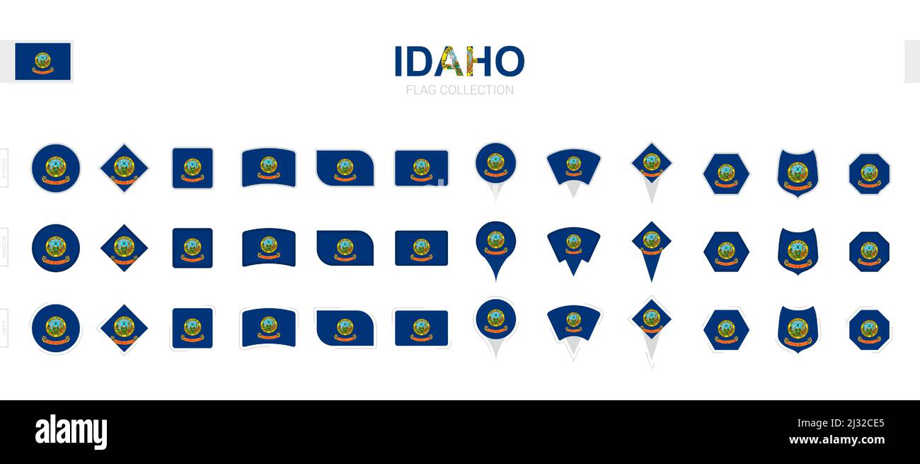 Large collection of Idaho flags of various shapes and effects. Big set ...