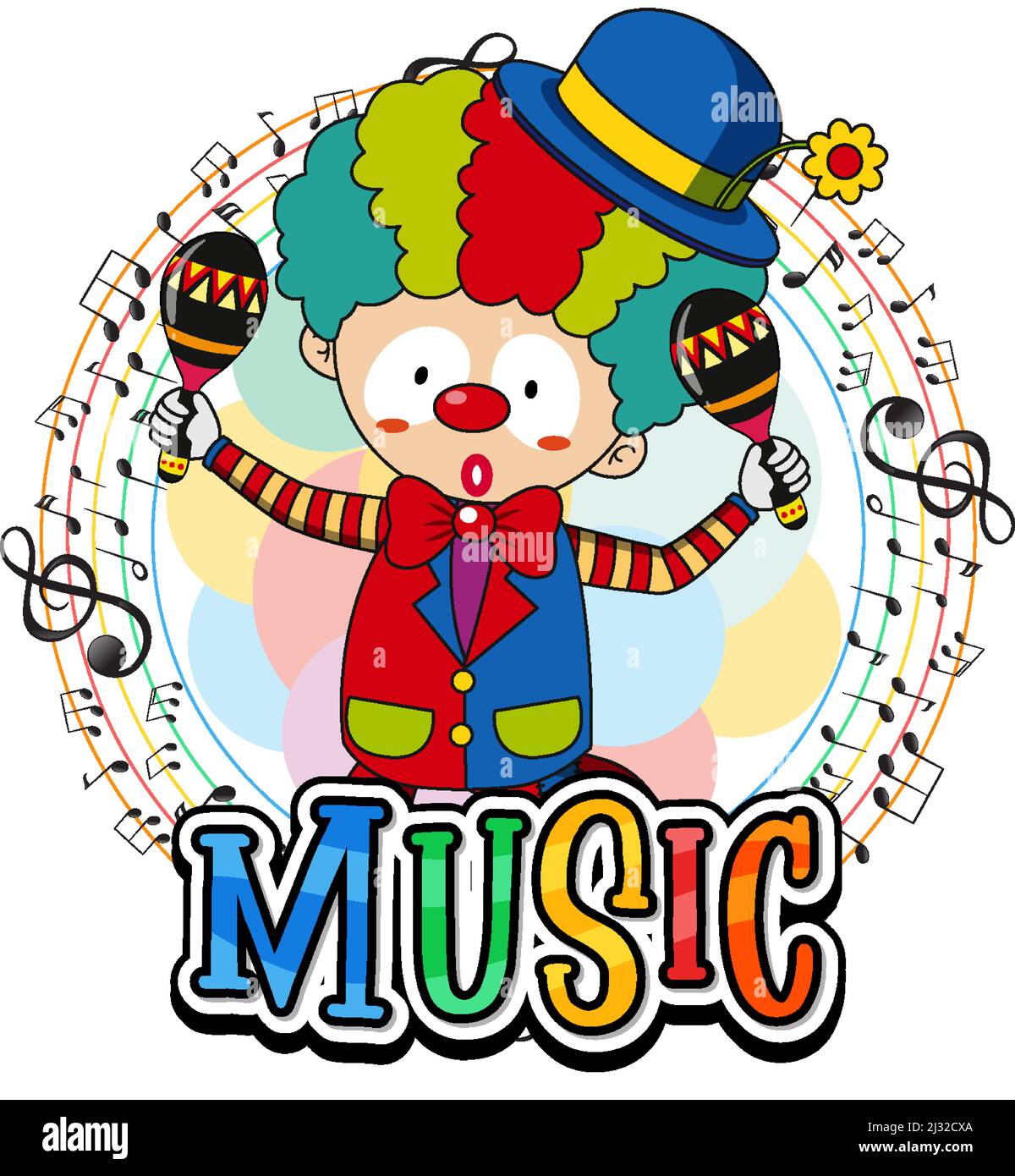Clown shaking maracas with music notes on white background illustration ...