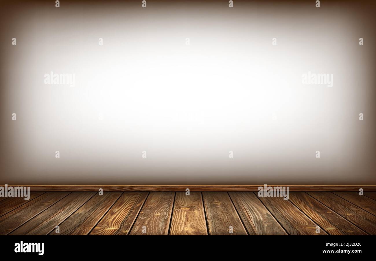 White wall, wooden floor and baseboard with aged surface, realistic ...