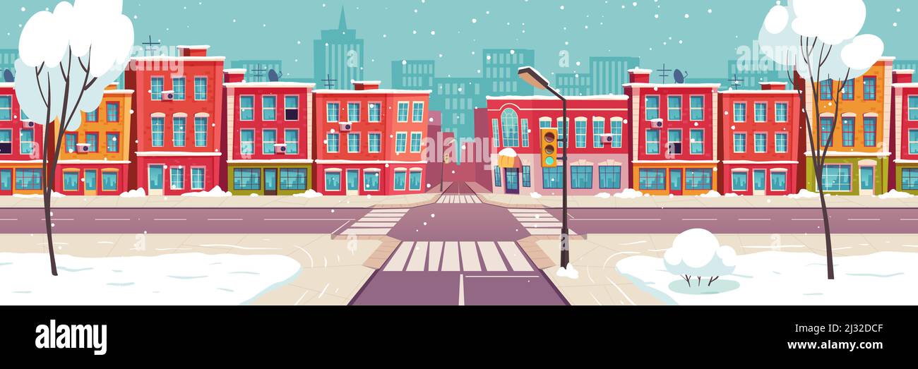 Winter city street with road and houses. Snowy urban landscape. Vector ...