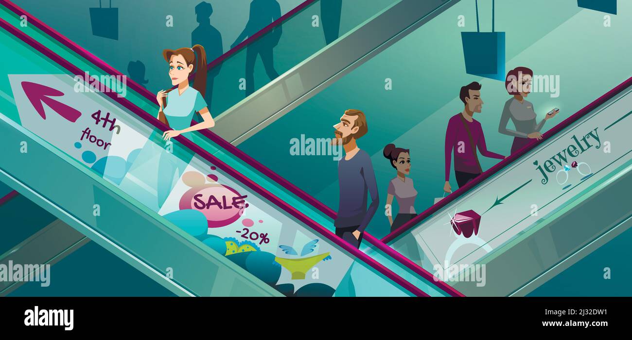 People on escalators in mall. Moving staircase, automatic ladder ...