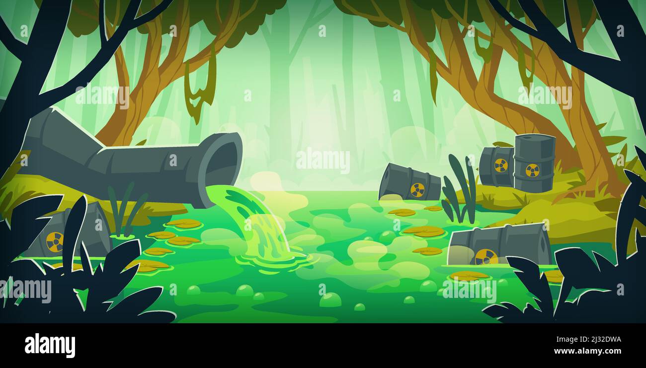 Dirty toxic swamp with wastewater pipe and barrels with radiation waste ...