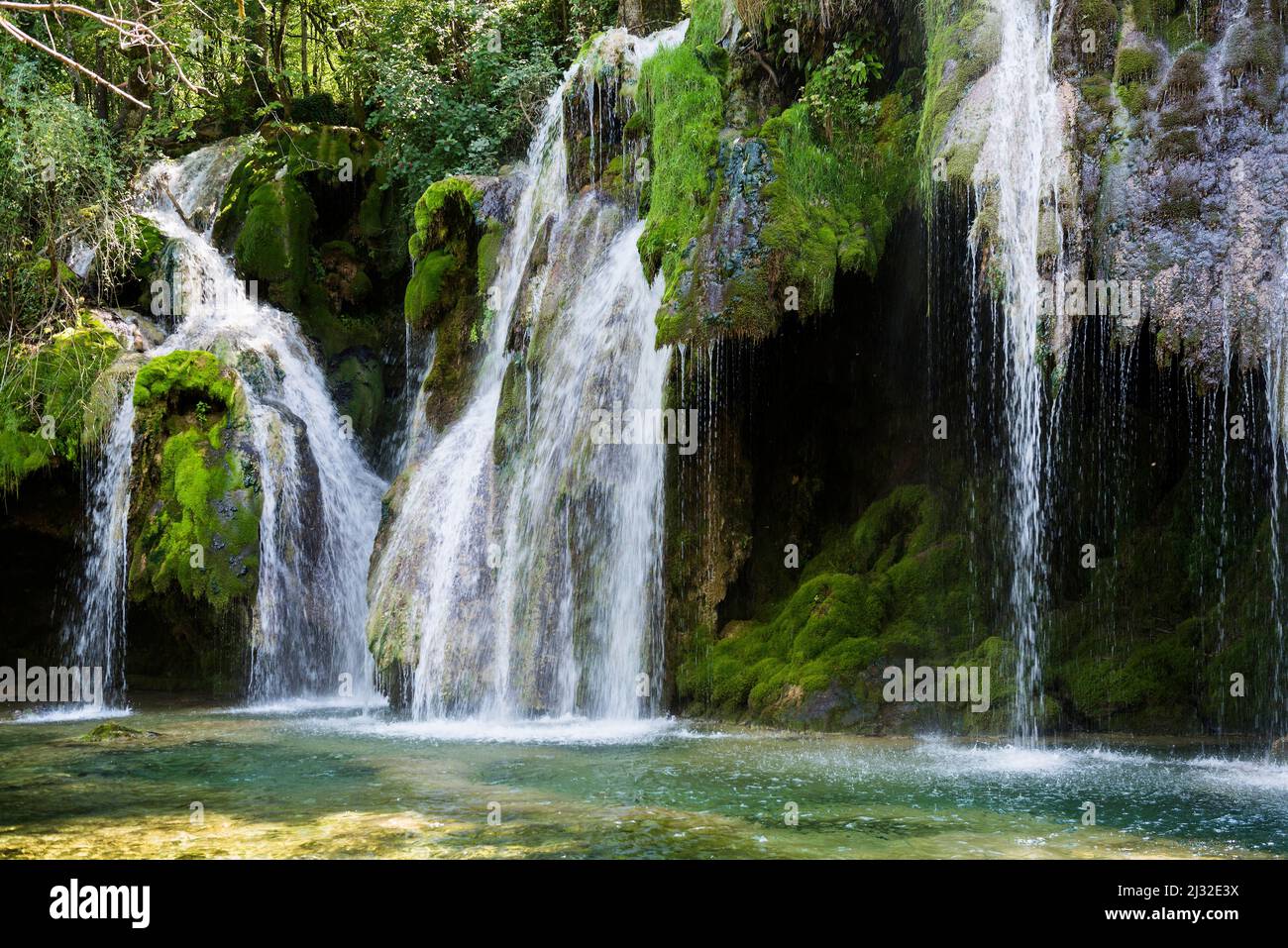 Travertine terraces, Cascade des Tufs, Arbois, Jura department ...