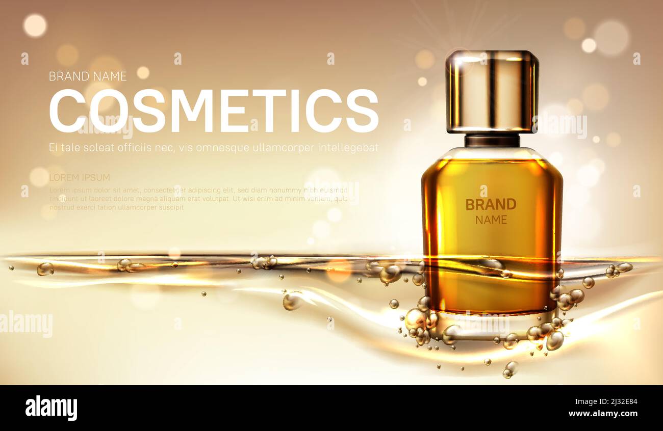 Oil perfume bottle with gold liquid on blurred sparkling background ...