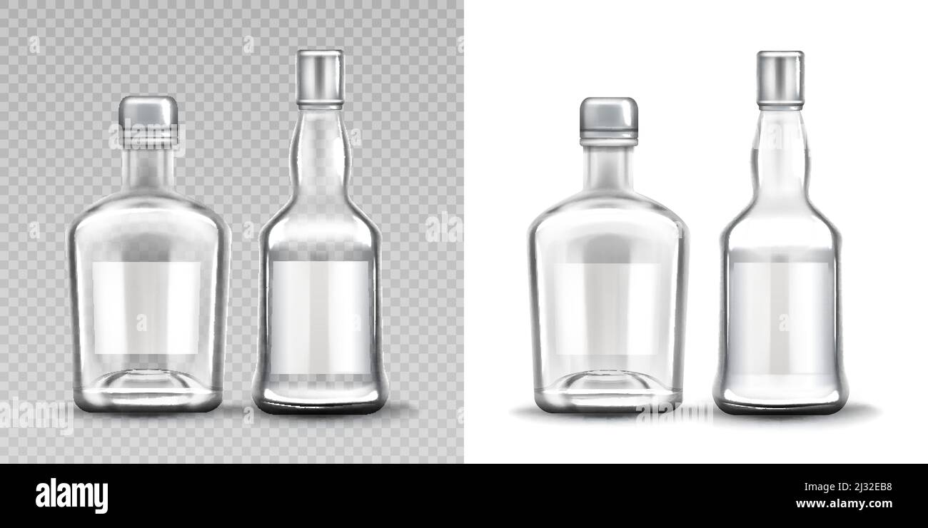 Glass bottles various shapes set. Vodka, rum, whiskey alcohol drinks ...