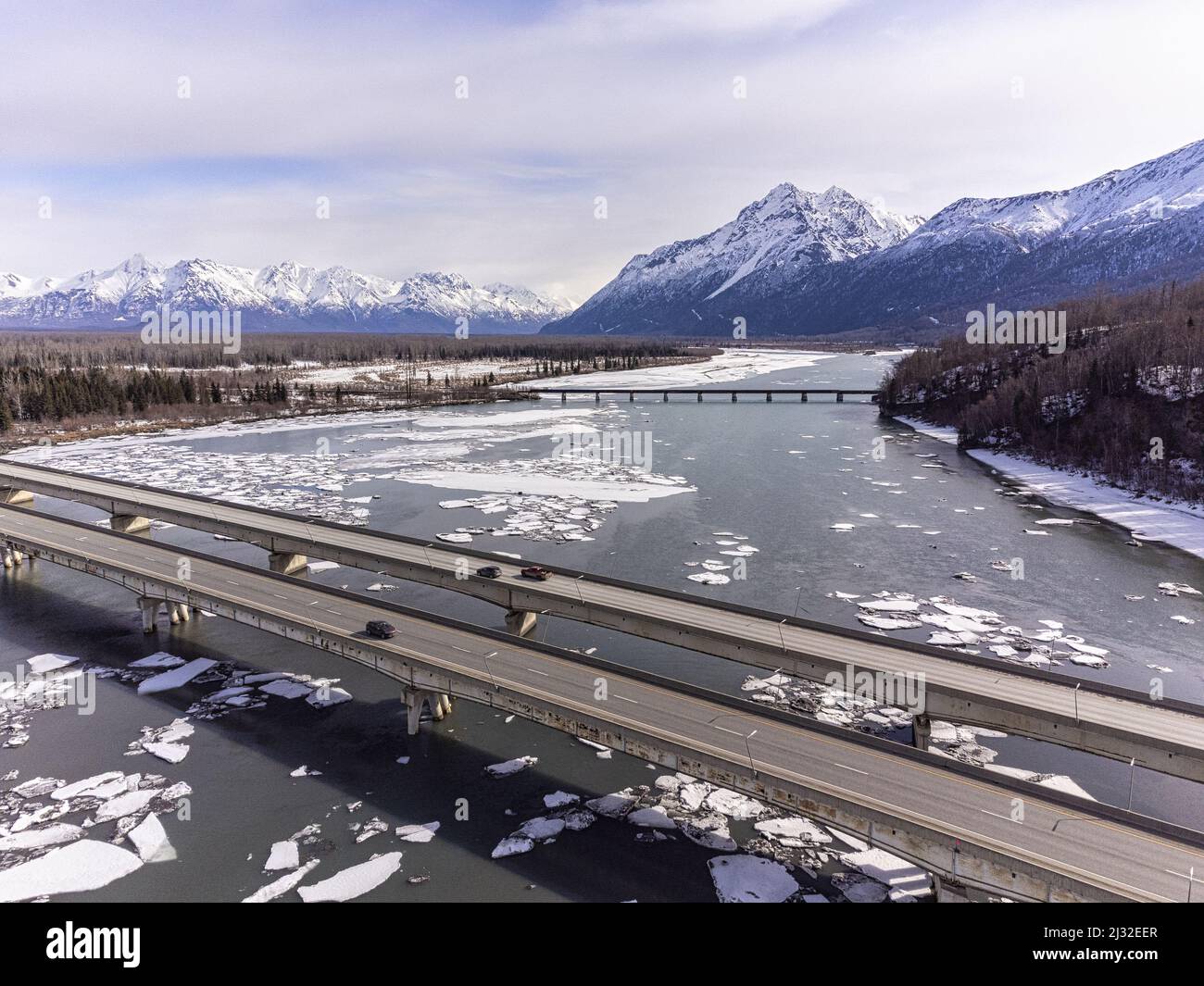 Aerial of Spring Breakup on the Knick River, between Anchorage and ...