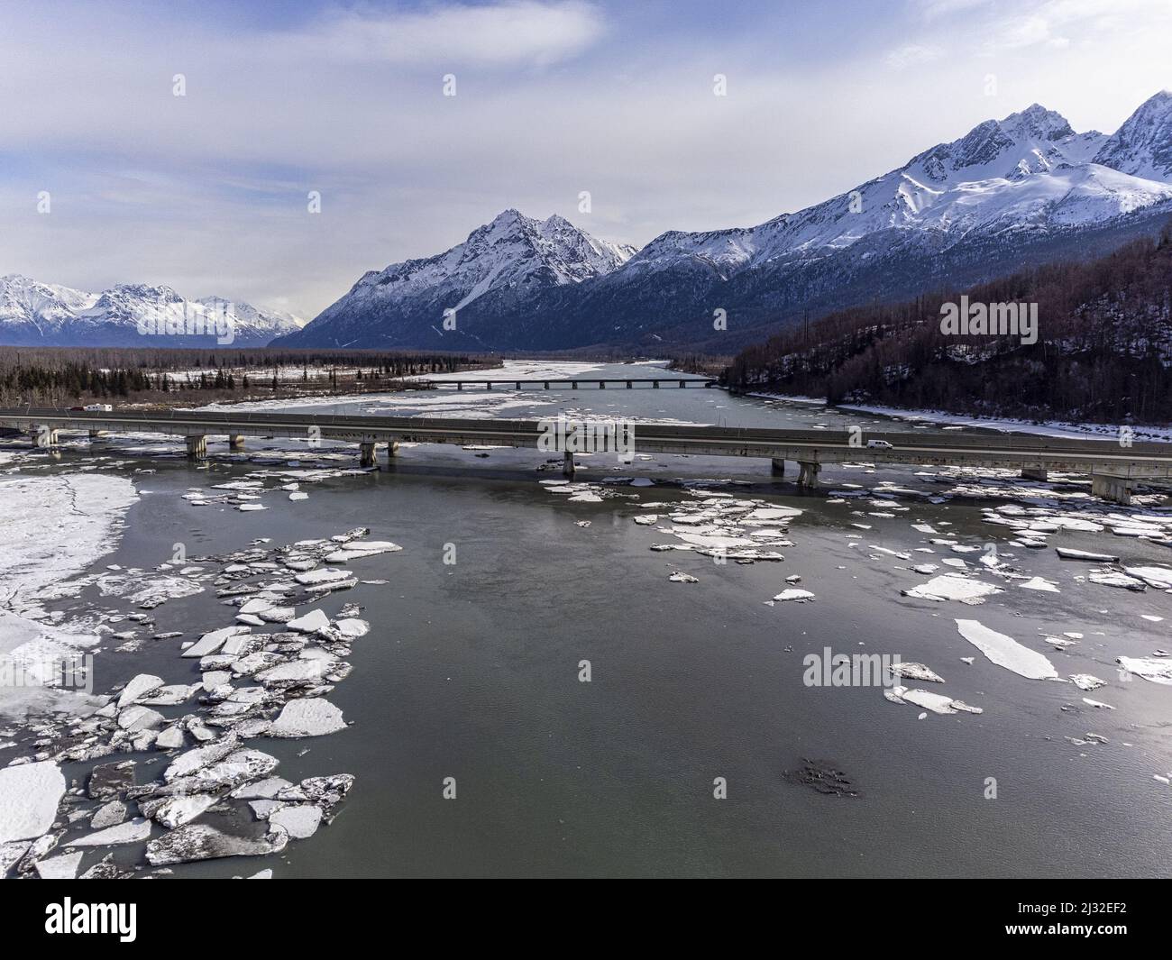 Aerial of Spring Breakup on the Knick River, between Anchorage and ...