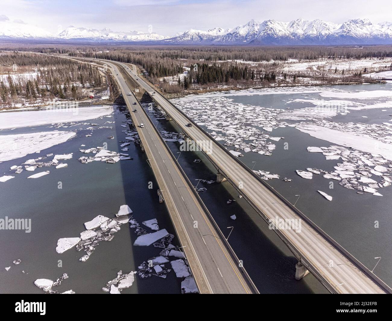 Aerial of Spring Breakup on the Knick River, between Anchorage and ...