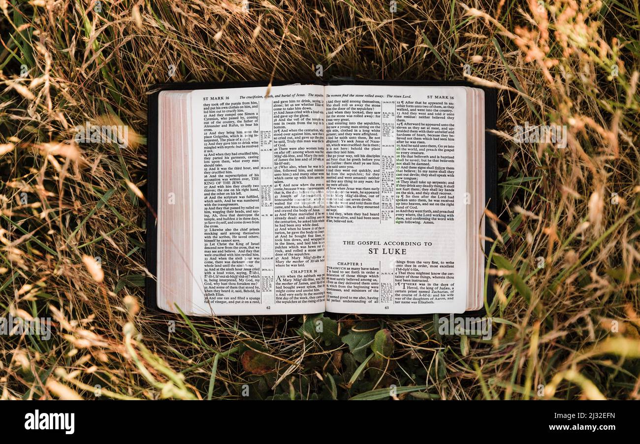 the Christian Holy Bible open in a warm, sunny field to the Gospel of ...