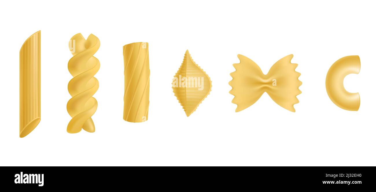 Pasta and macaroni set, dry penne, fusilli, rigatoni, conchiglie ...