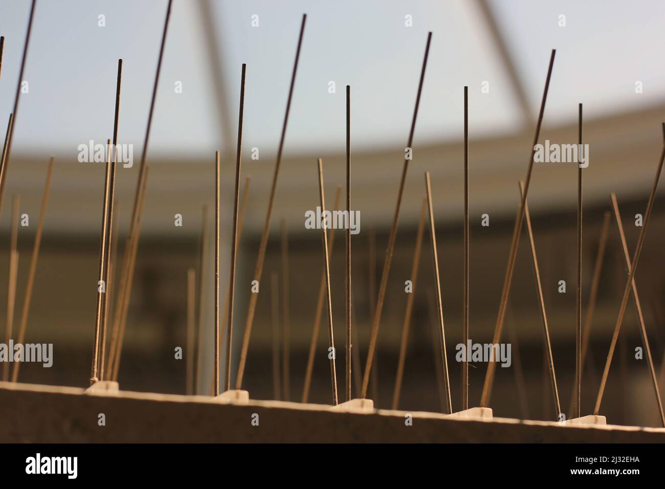 Sharp bird control wires sticking out in a dangerous fashion Stock ...