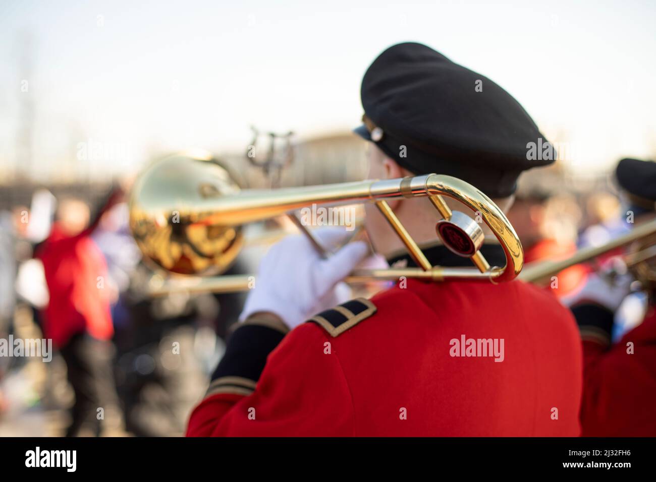 Trumpeter plays in orchestra. Musician with wind musical instrument ...