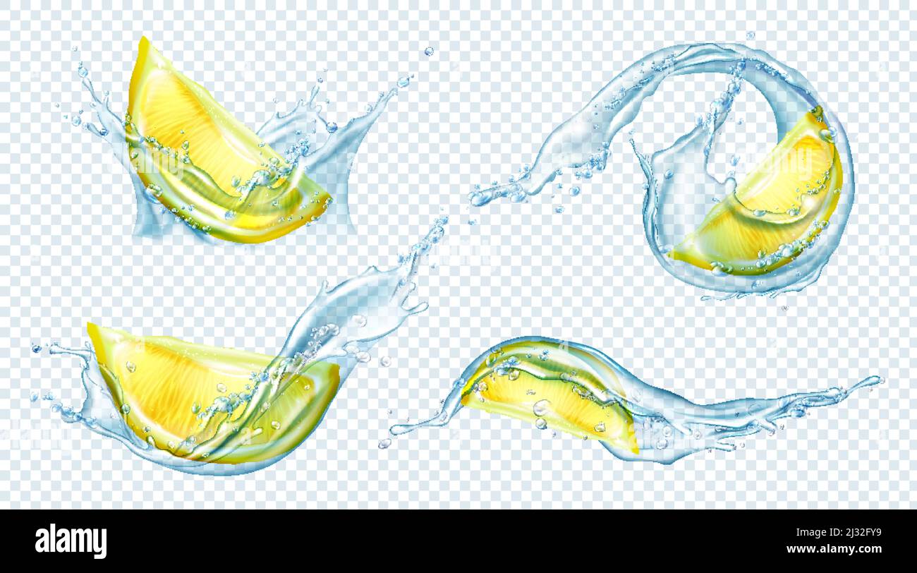 Lemon slices in water splash. Vector set of realistic fresh citrus ...