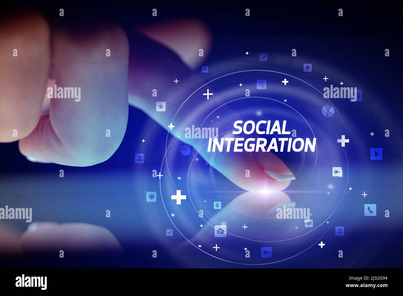 Finger touching tablet with social media icons concept Stock Photo - Alamy