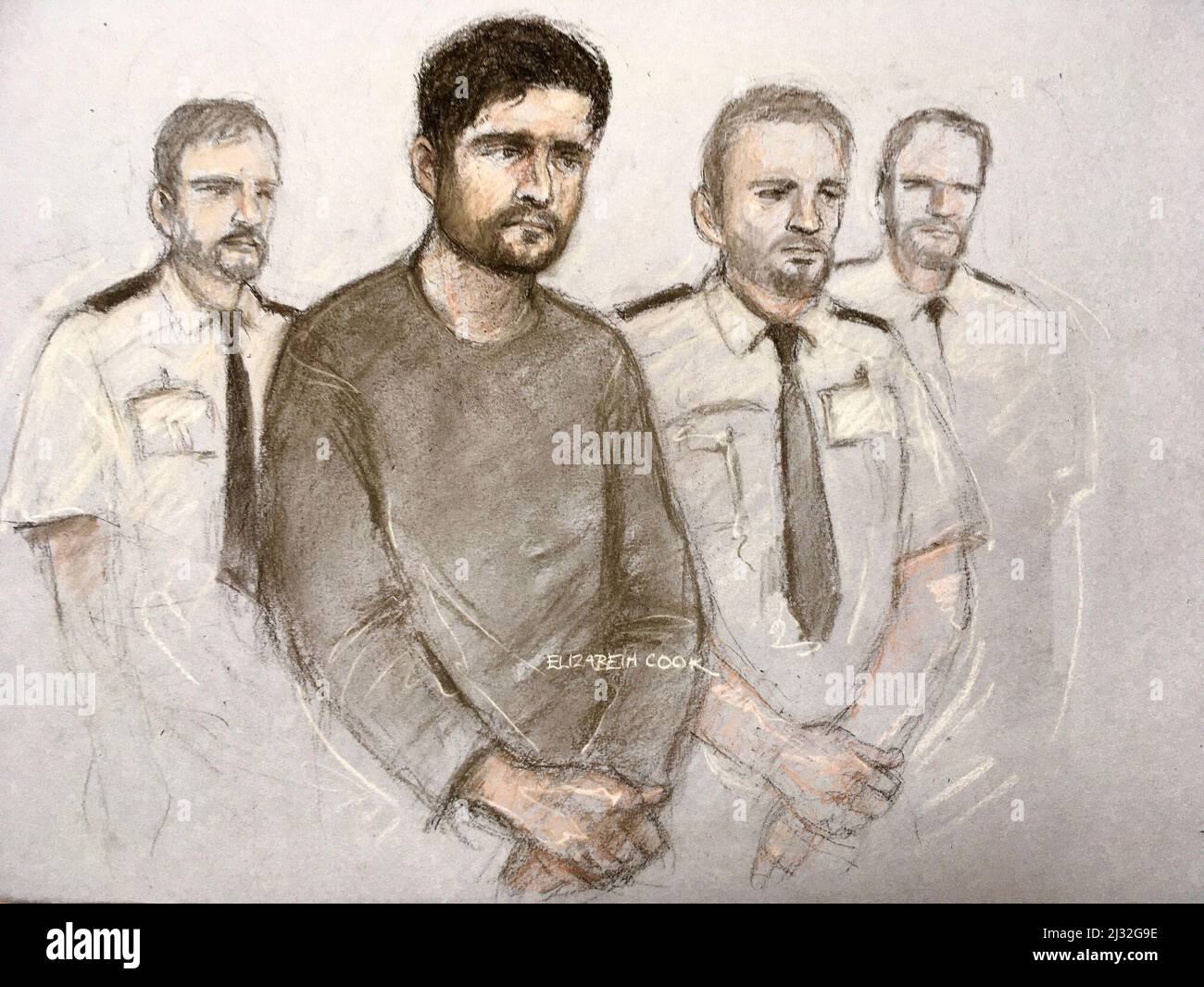 Court artist sketch by Elizabeth Cook of musician Cody Ackland, in the ...