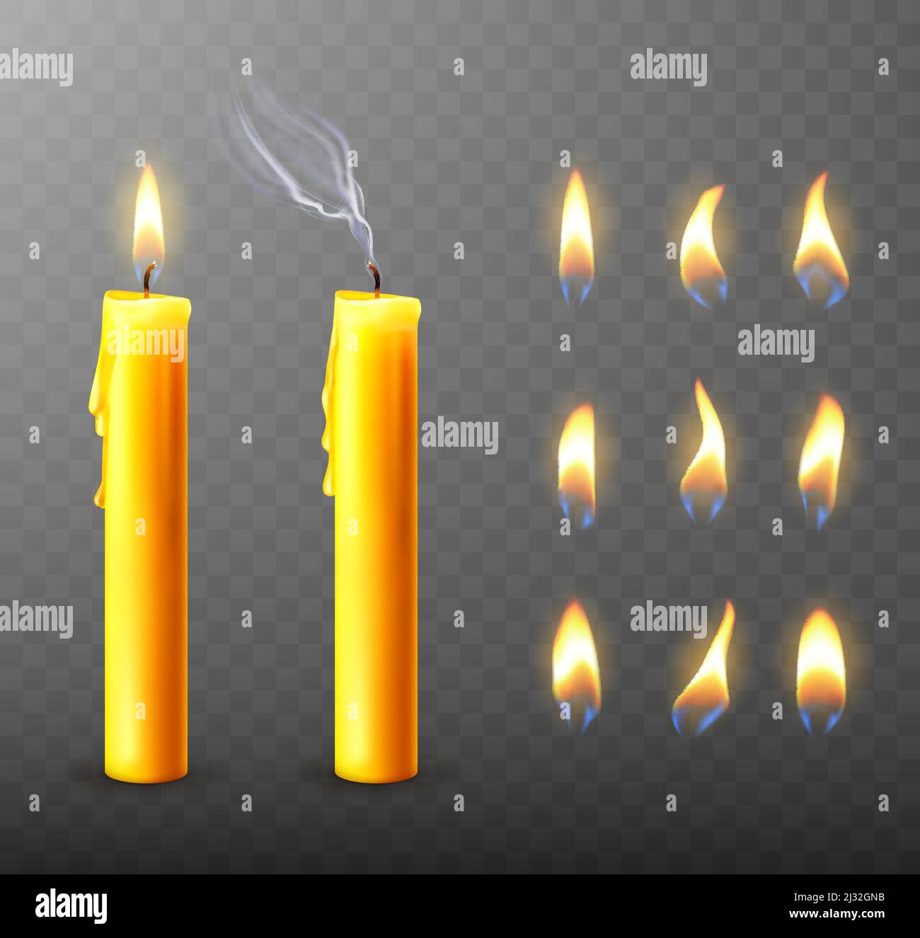 Burning candle with dripping or flowing wax, realistic vector ...