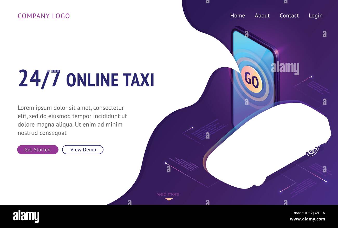 Online taxi 24 7 isometric landing page. Cab car stand near huge ...