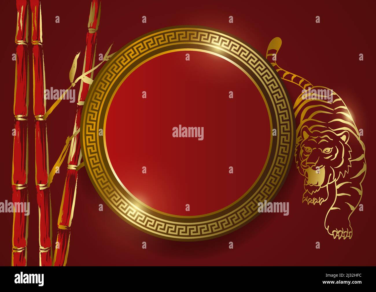 Decorative golden circle with oriental ornament, golden tiger and bamboo line art, chinese new ...