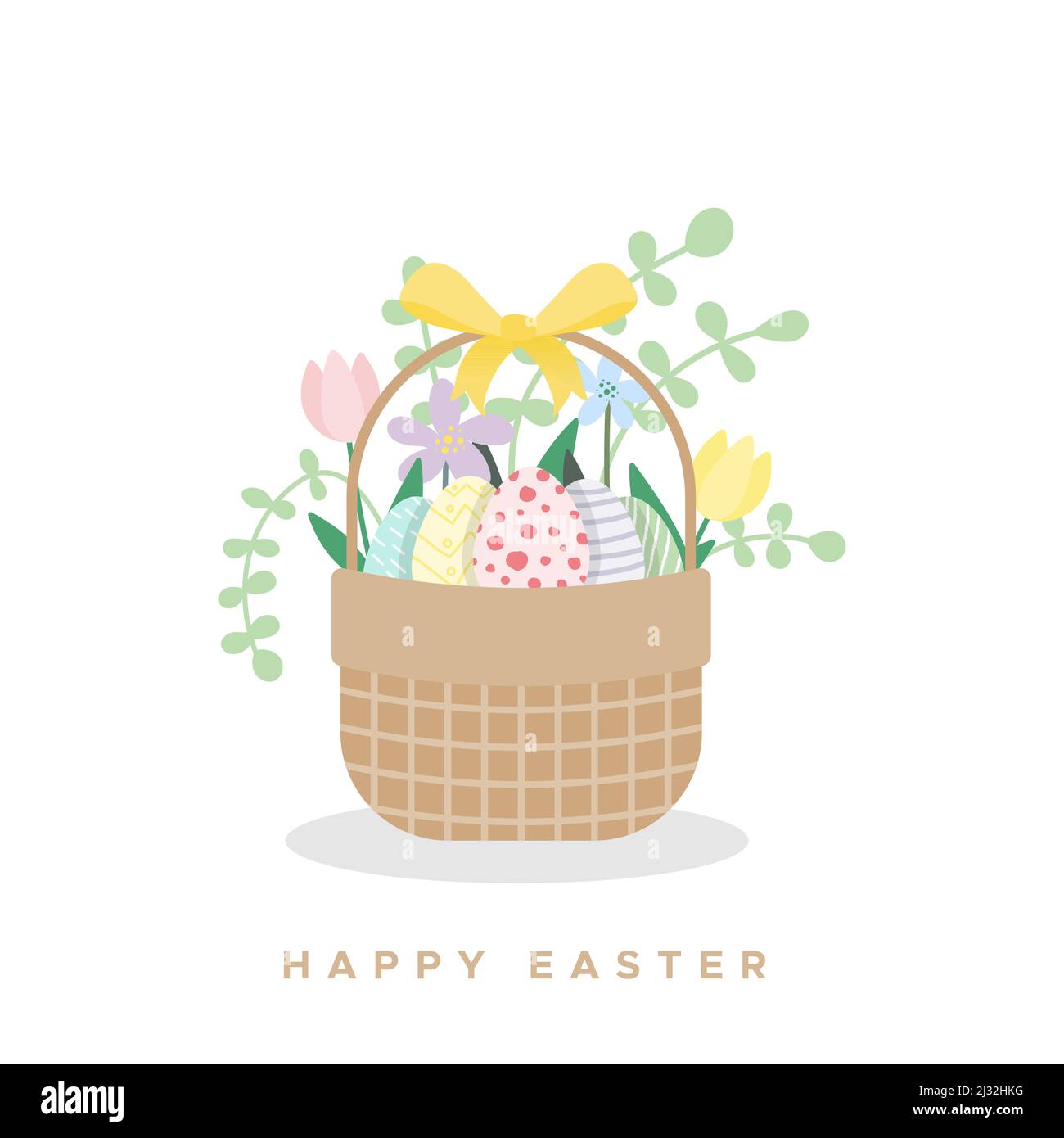 Happy Easter. Wicker basket with Easter eggs, flowers and plants ...