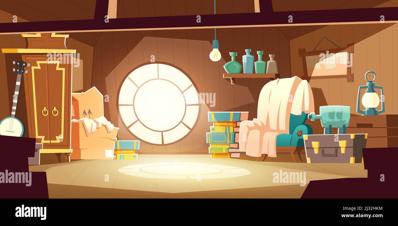 House attic with old furniture, cartoon vector background. Attic ...