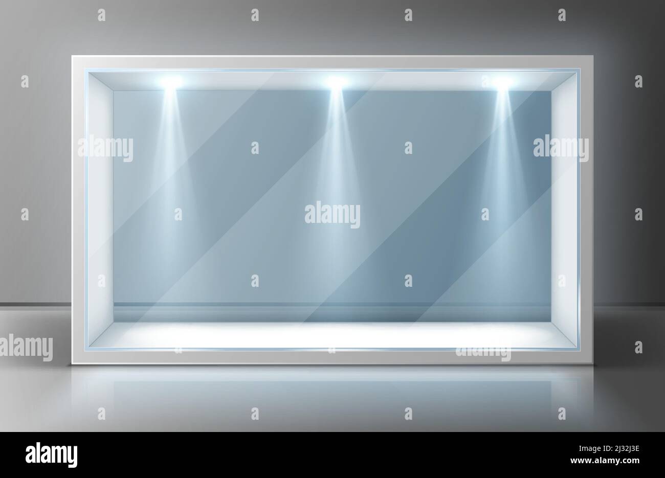 Glass wall display case frame in empty exhibition room. Transparent ...