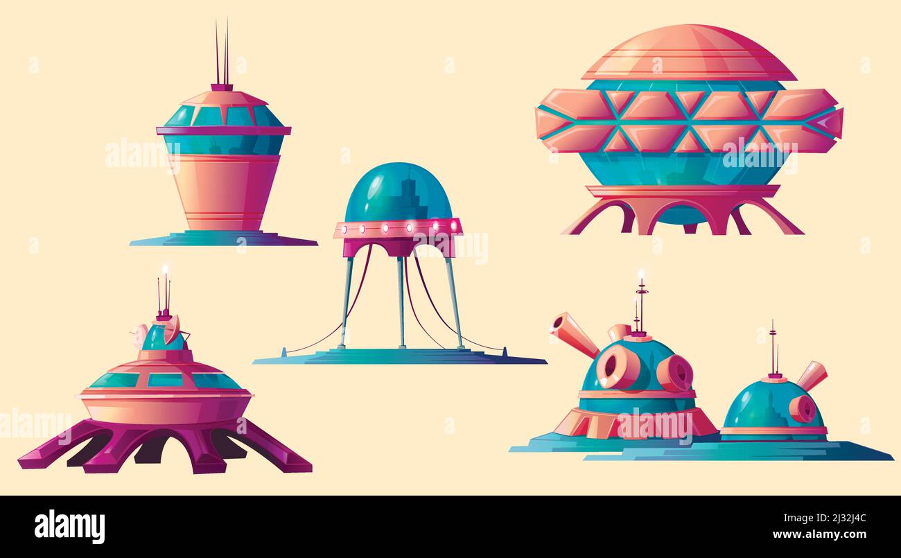 Space colonization set. Spaceship, rocket, shuttle and buildings for ...