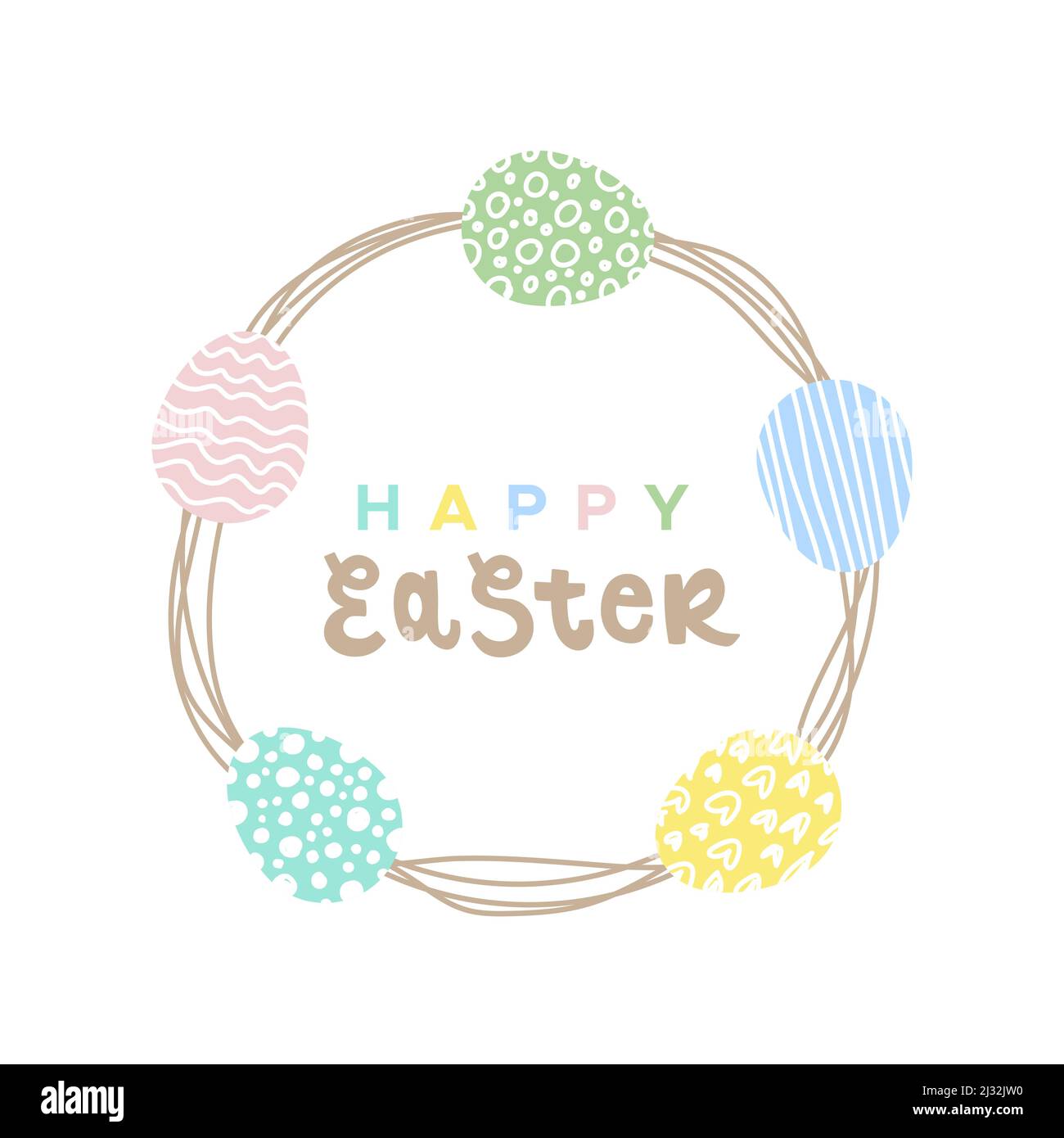 Happy Easter. Circle wreath with colorful eggs. Pastel colors. For ...