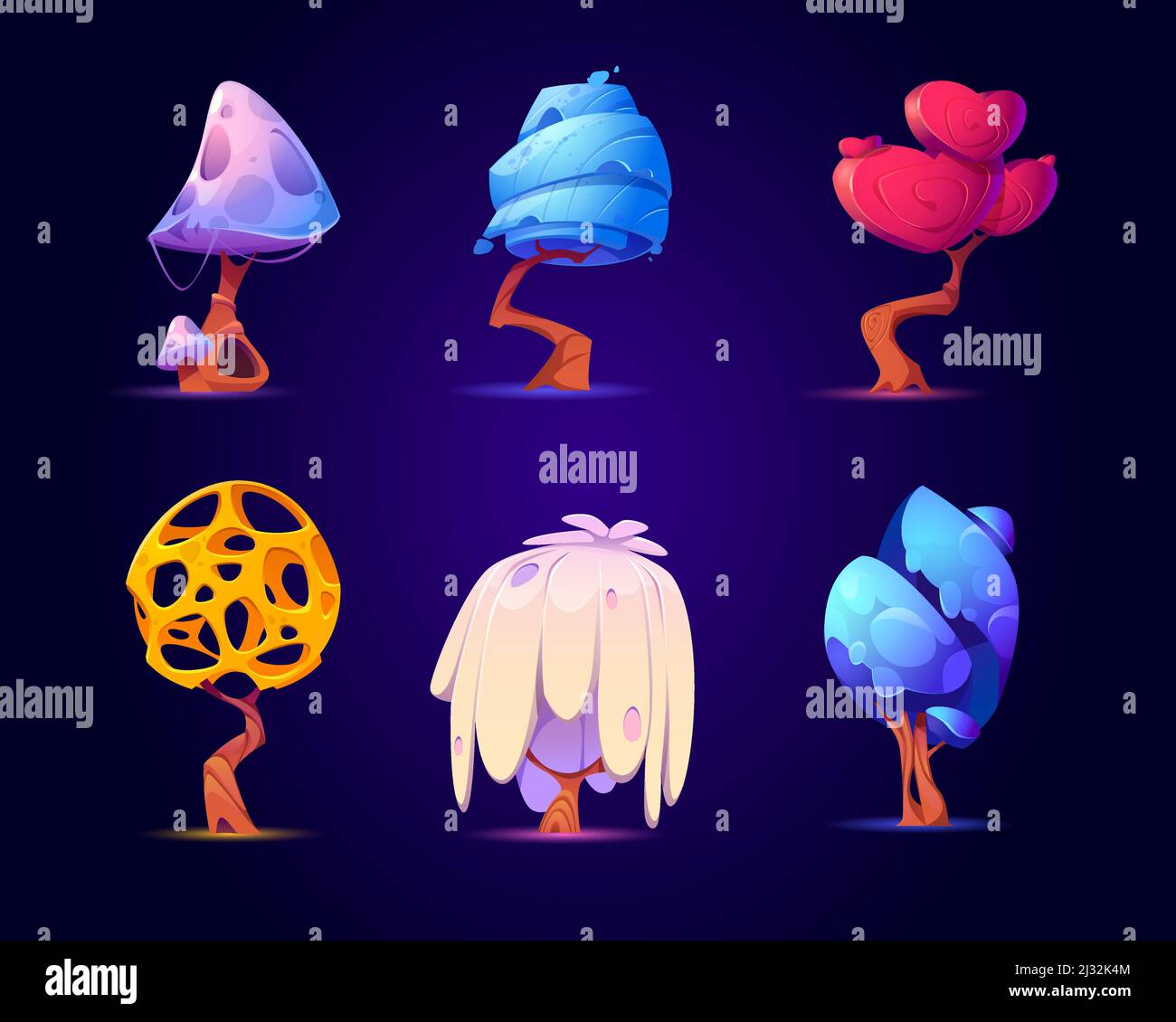 Fantasy trees for ui game about alien magic world. Vector cartoon set ...