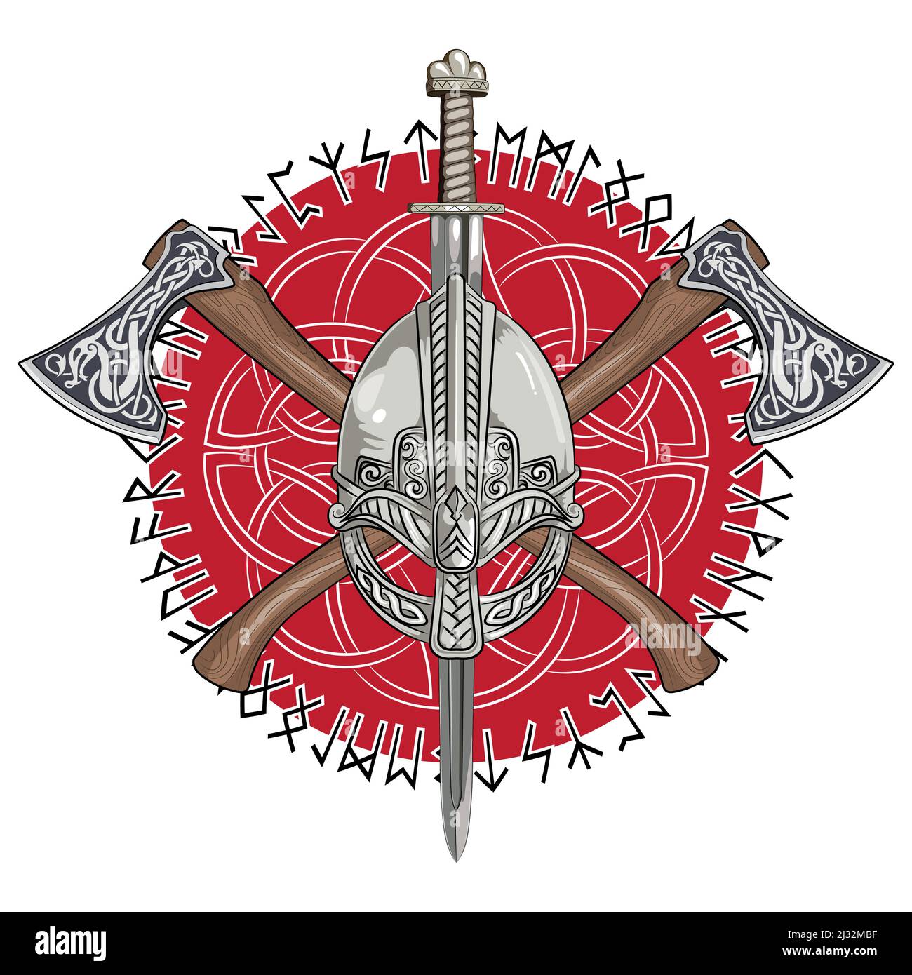 Viking helmet, crossed viking axes and in a wreath of Scandinavian ...