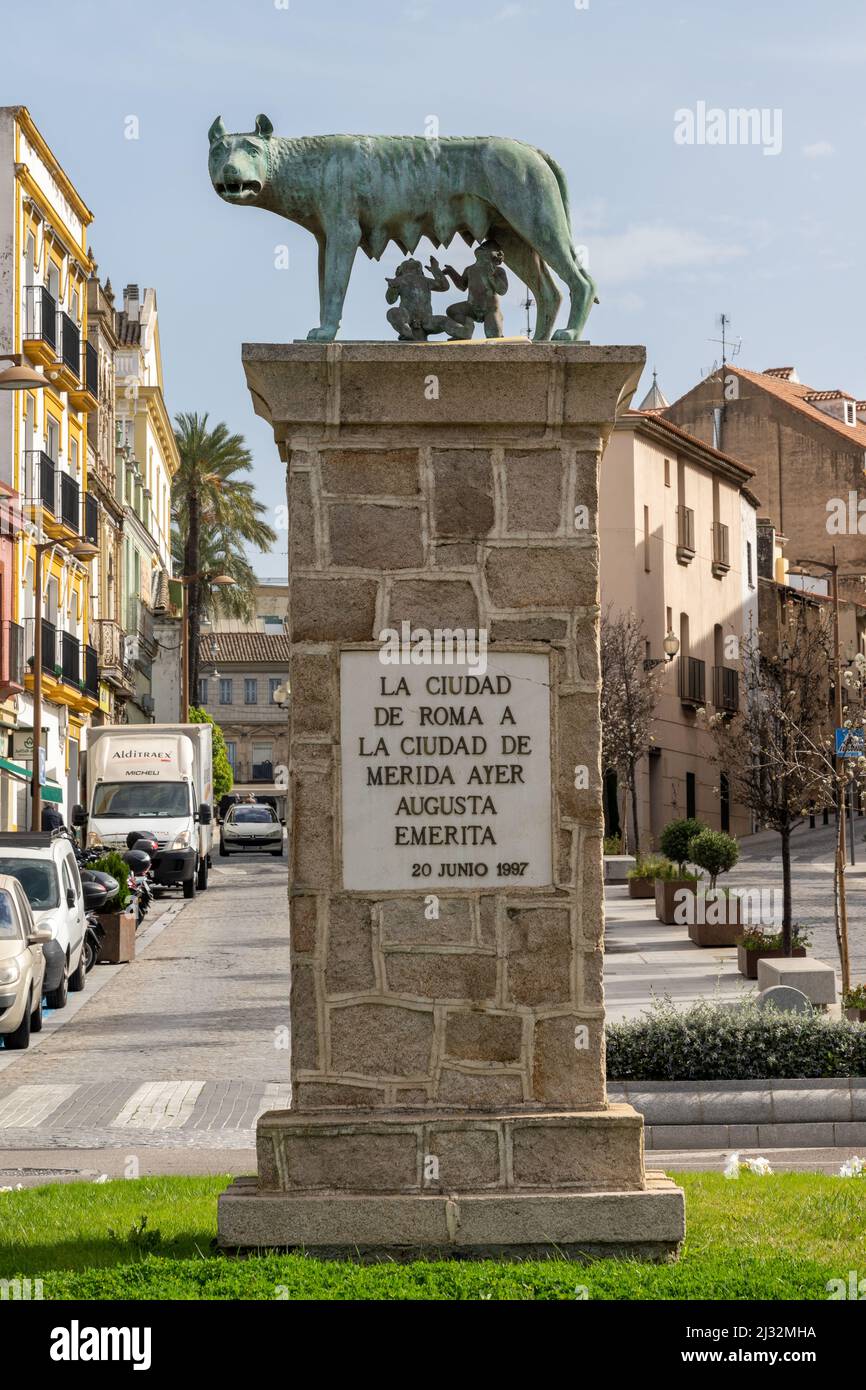 Merida, Spain -- 28 March, 2022: statue of friendship with Rome in the ...