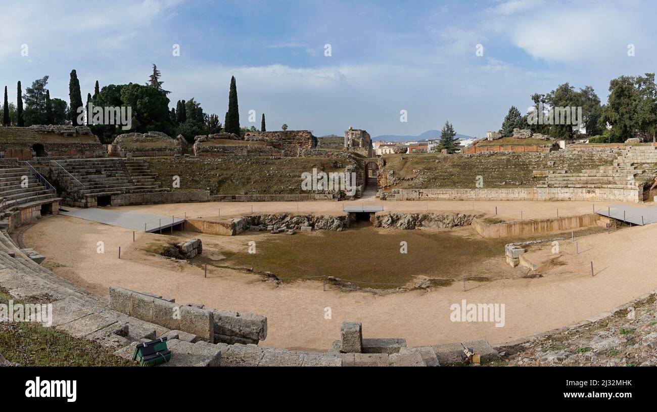 Merida, Spain -- 28 March, 2022: panorama view of the Roman ...