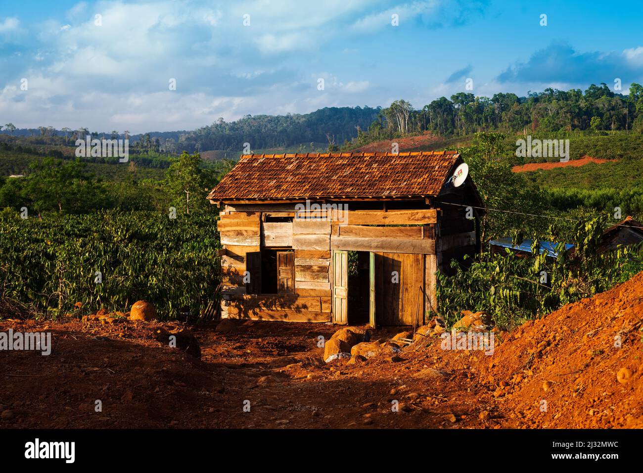 The sun sets on a farm shack in the Central Highlands of Vietnam Stock ...