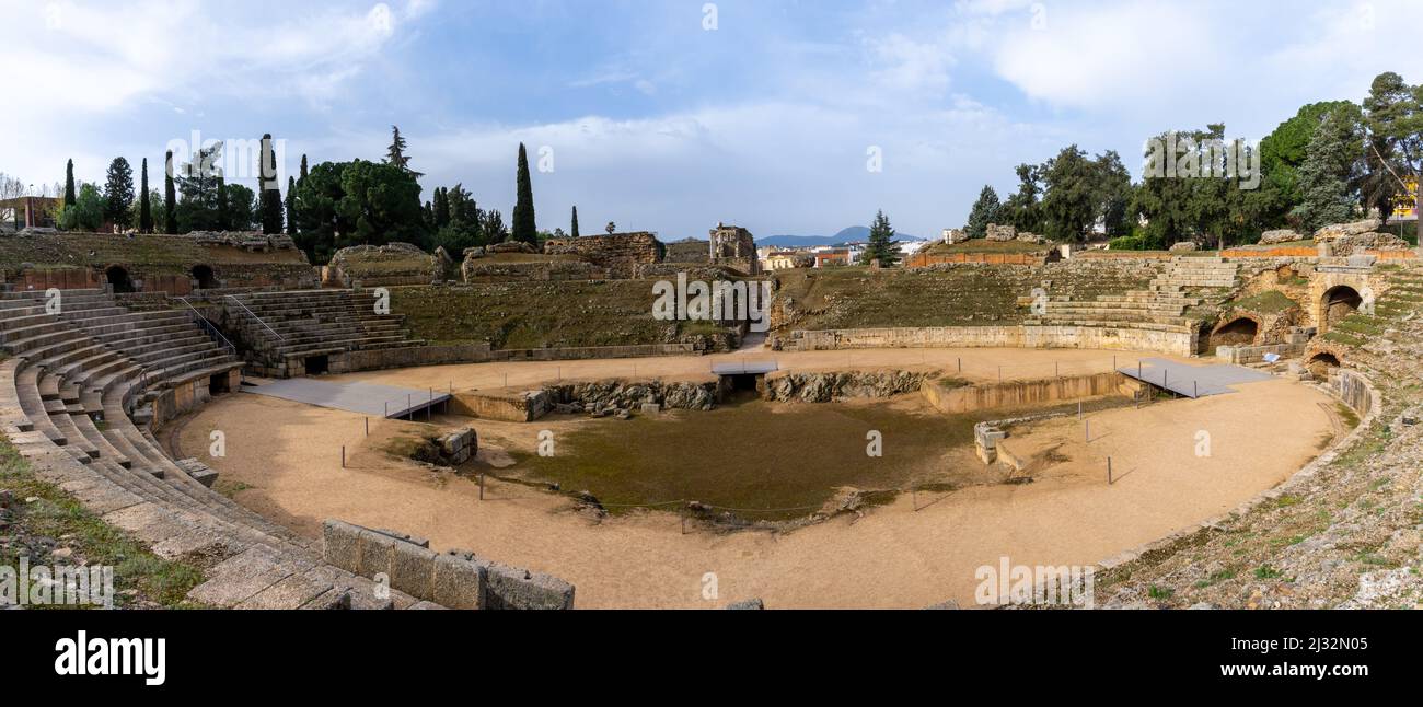 Merida, Spain -- 28 March, 2022: panorama view of the Roman ...
