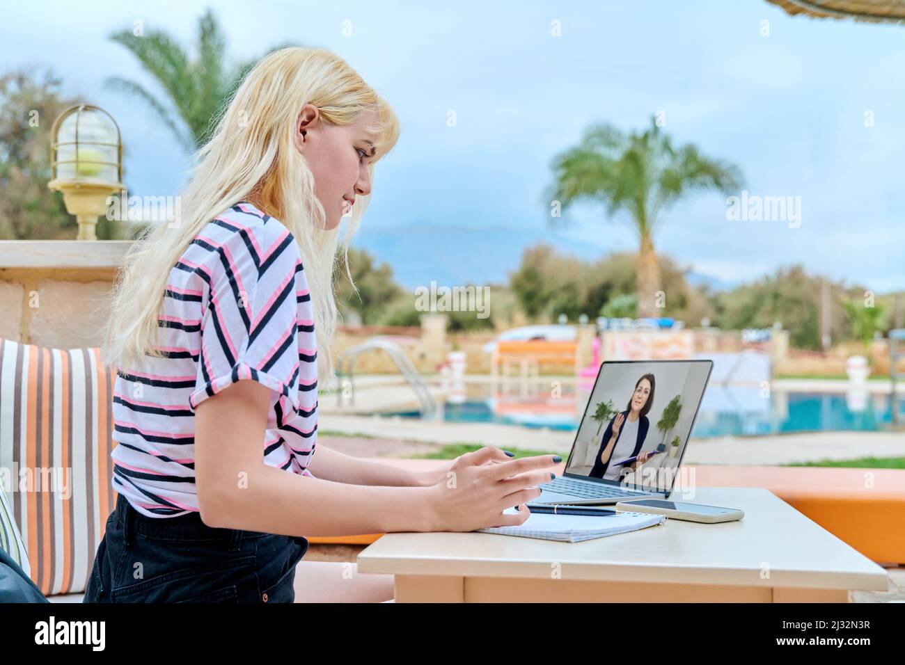Remote online lesson on laptop screen, web chat with teacher and ...
