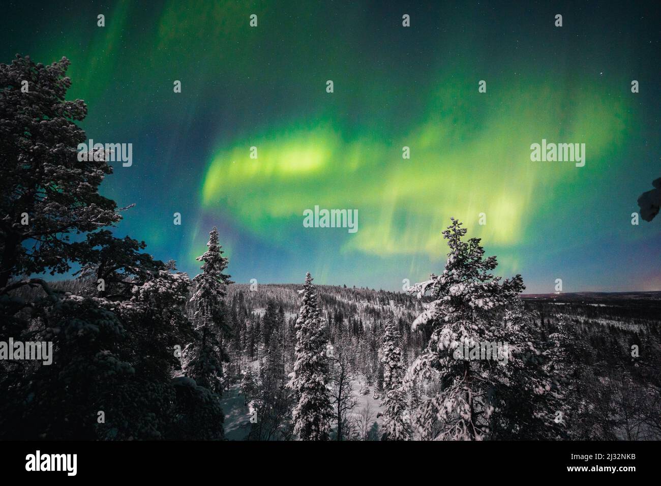Green northern lights in Rovaniemi Finnish Lapland Stock Photo - Alamy