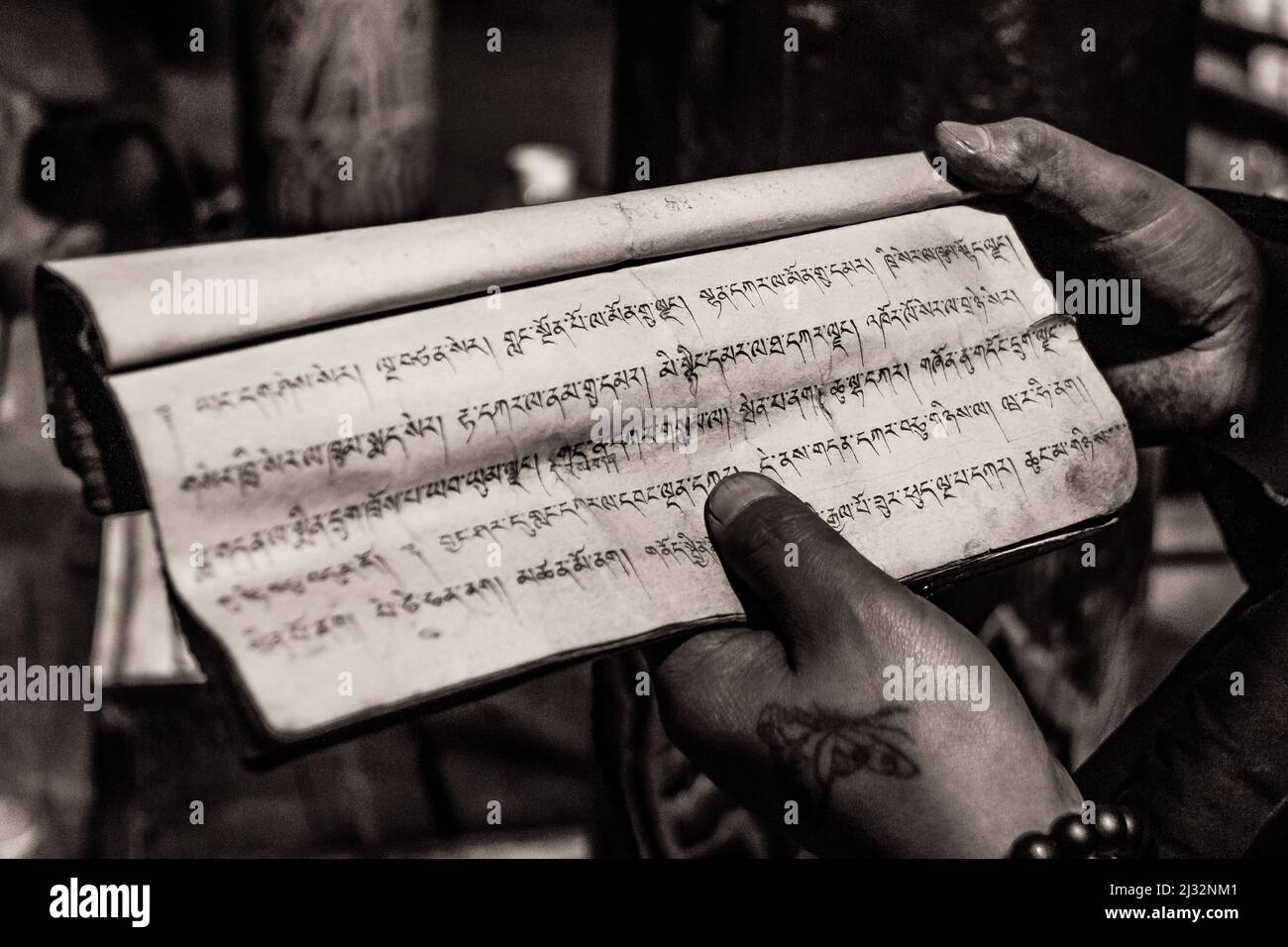 A monk in Tibet holds handwritten text for recitation in a monastery ...
