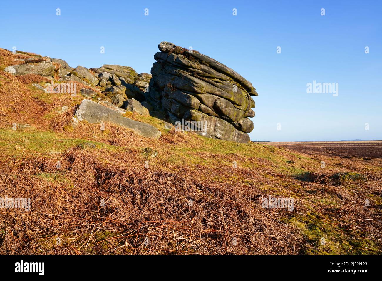 Large gritstone rock known as the Cowper Stone sitting on the slopes of ...