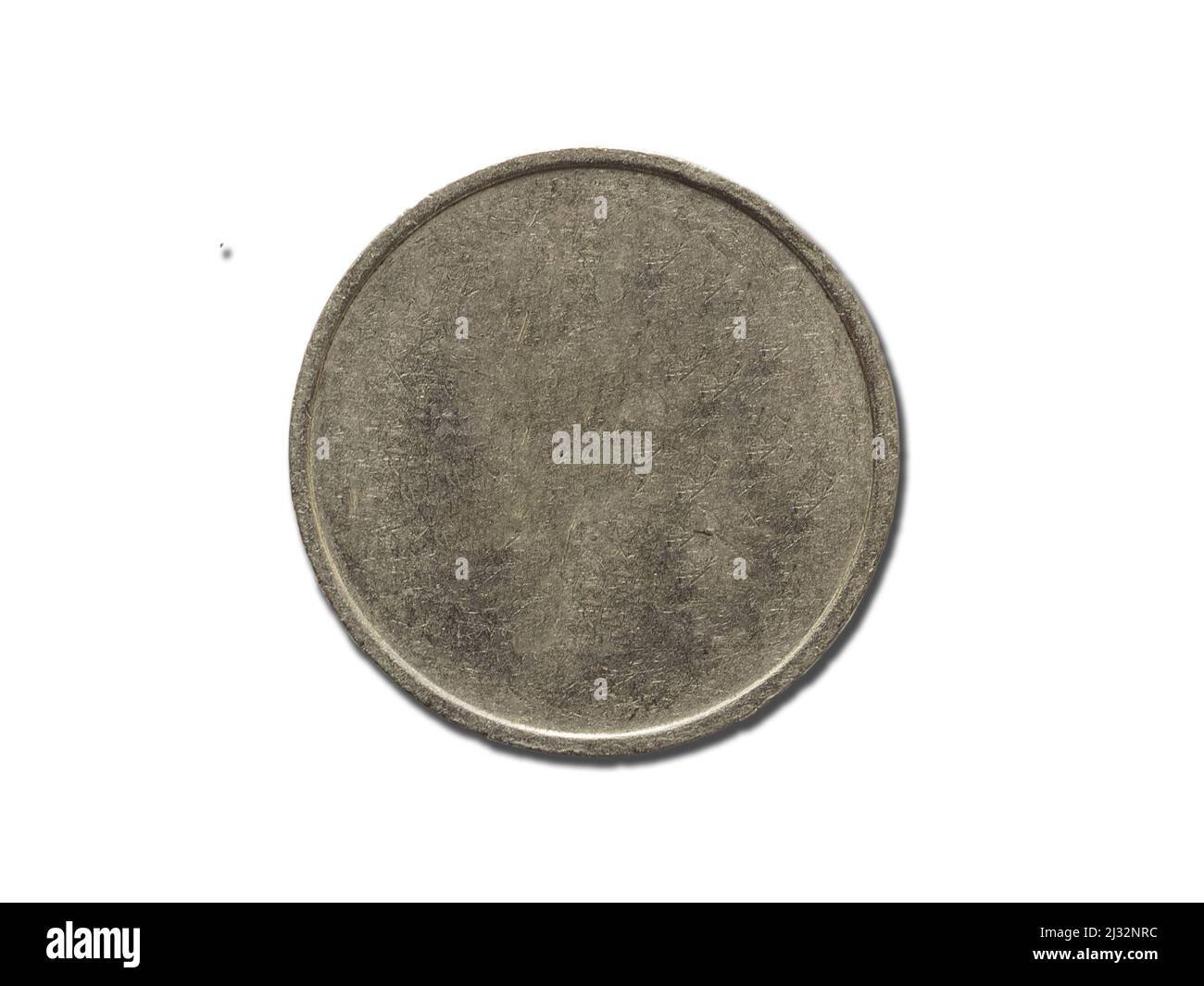 A closeup of a blank metal coin on a plain white background for ...