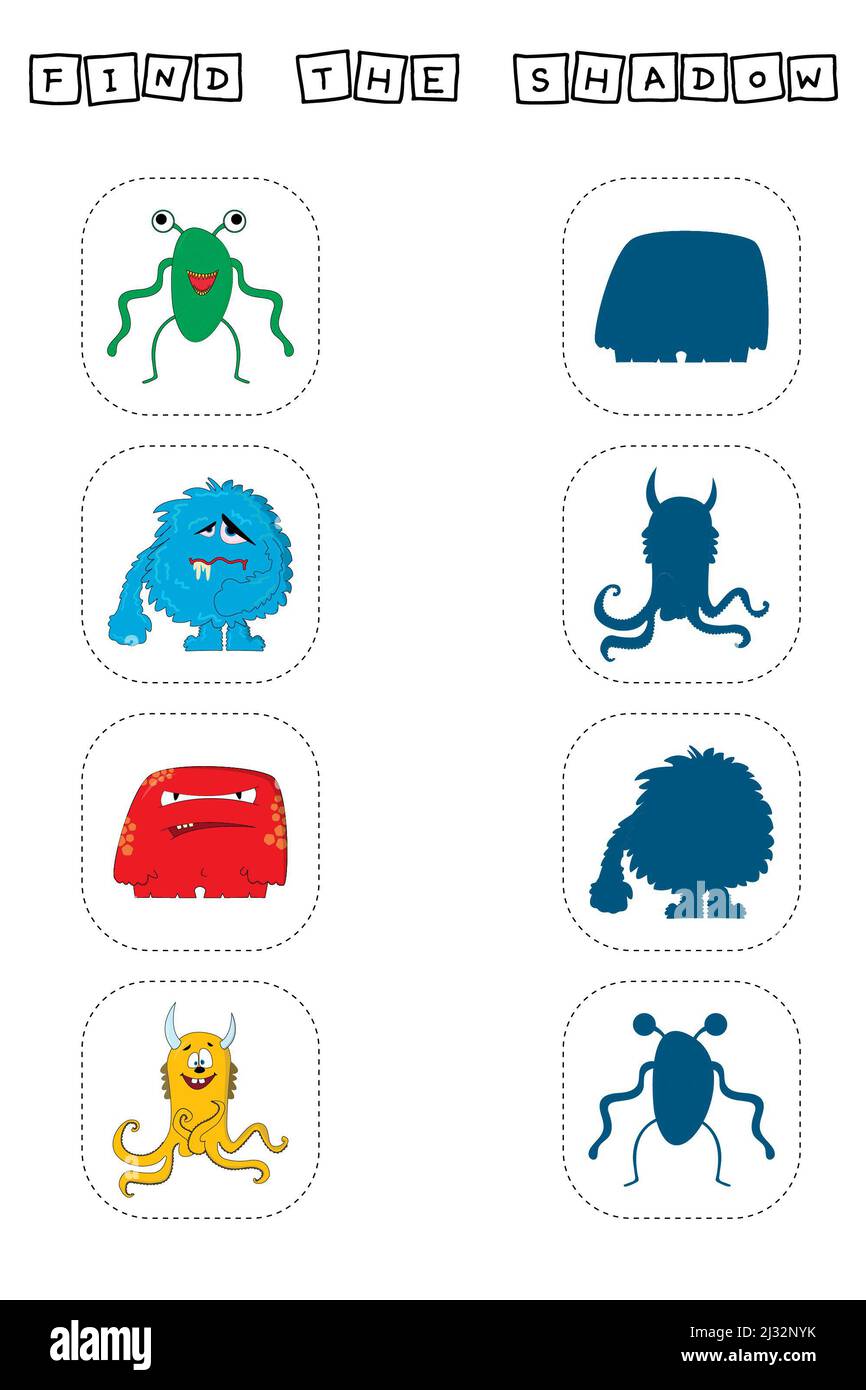 Find a pair or shadow game with funny monsters. Worksheet for preschool ...