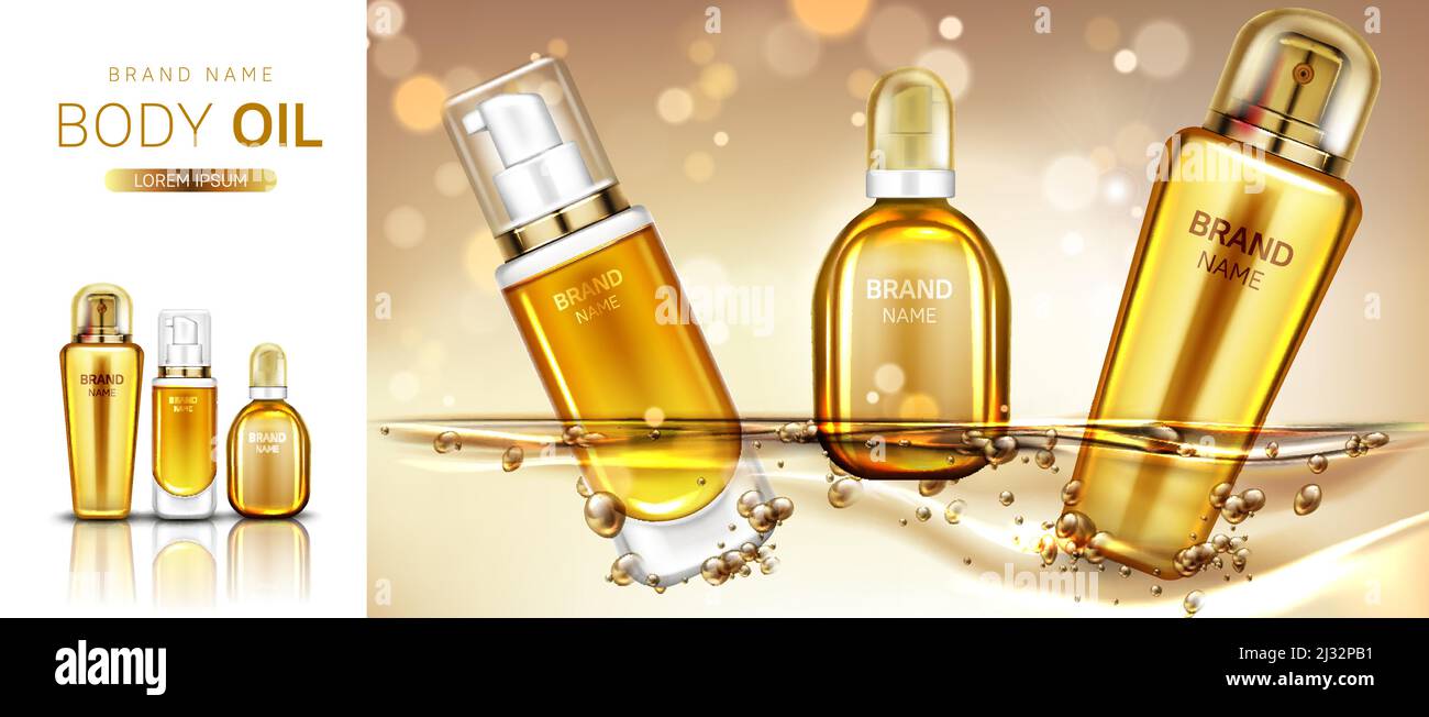 Body oil cosmetics bottles mockup banner. Beauty cosmetic product line ...