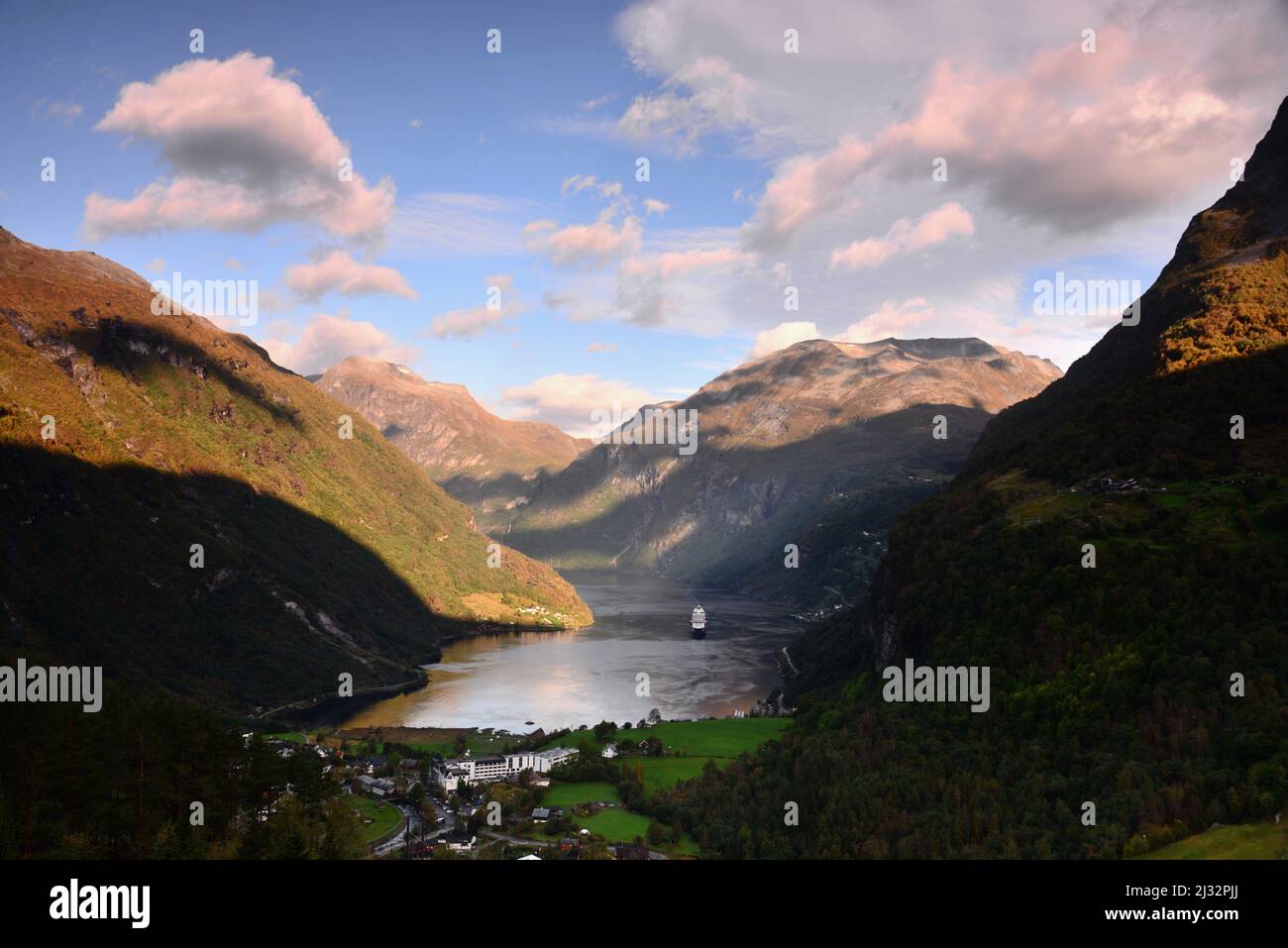 View over Geiranger into the Geirangerfjord, Norway Stock Photo - Alamy